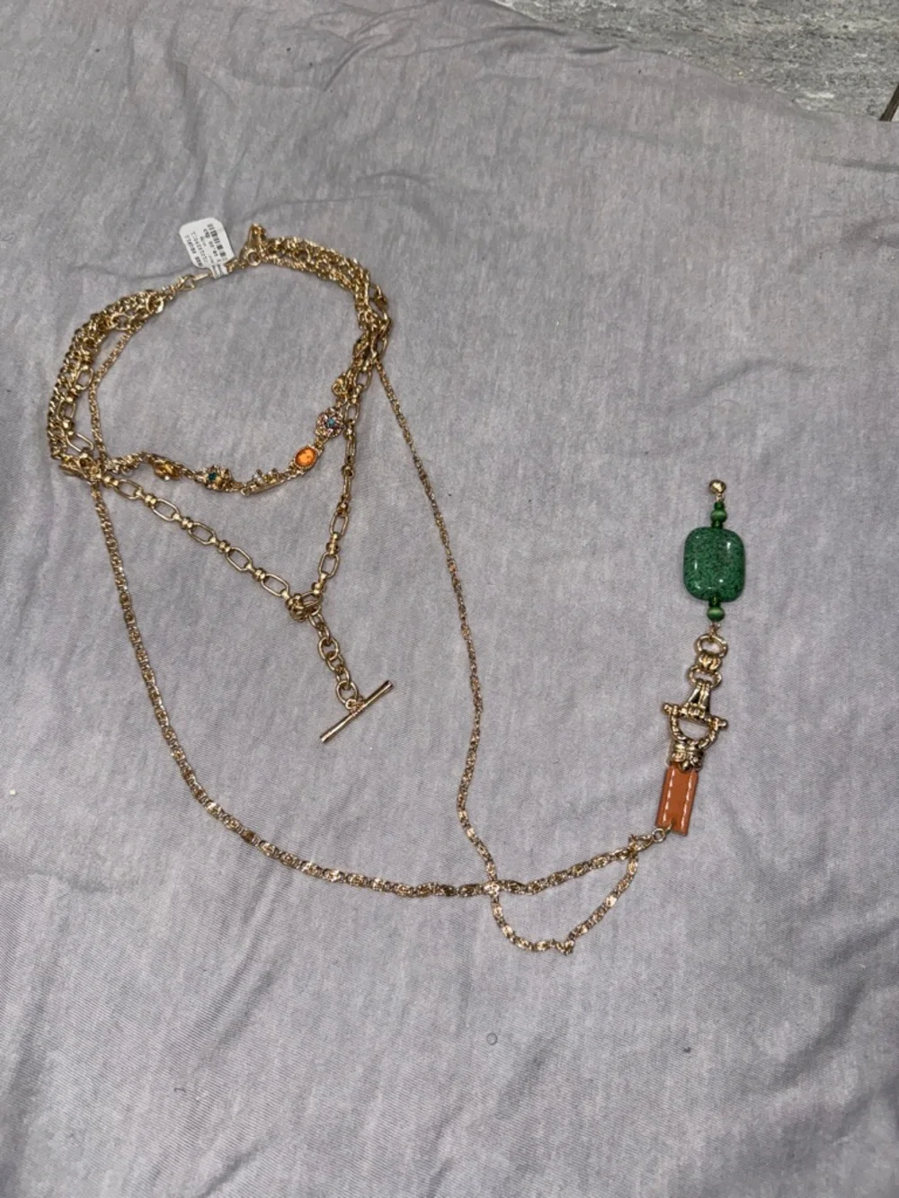 Accessories | Gold Layered Necklace With Green And Orange Gem Accents ...